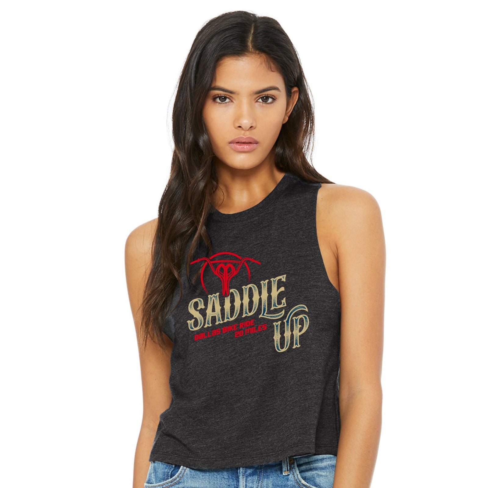 DBR Women's Fashion Crop Tank -Dark Heather- Saddle Up – American Bike Ride